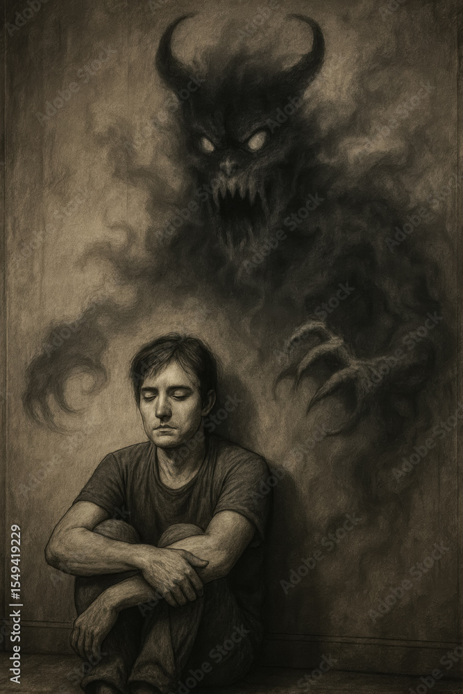 Seated man with eyes closed faces terrifying shadow monster rising from ...