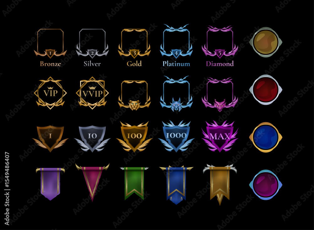 collection set of tier rank badge and border frame, with shield, banner ...
