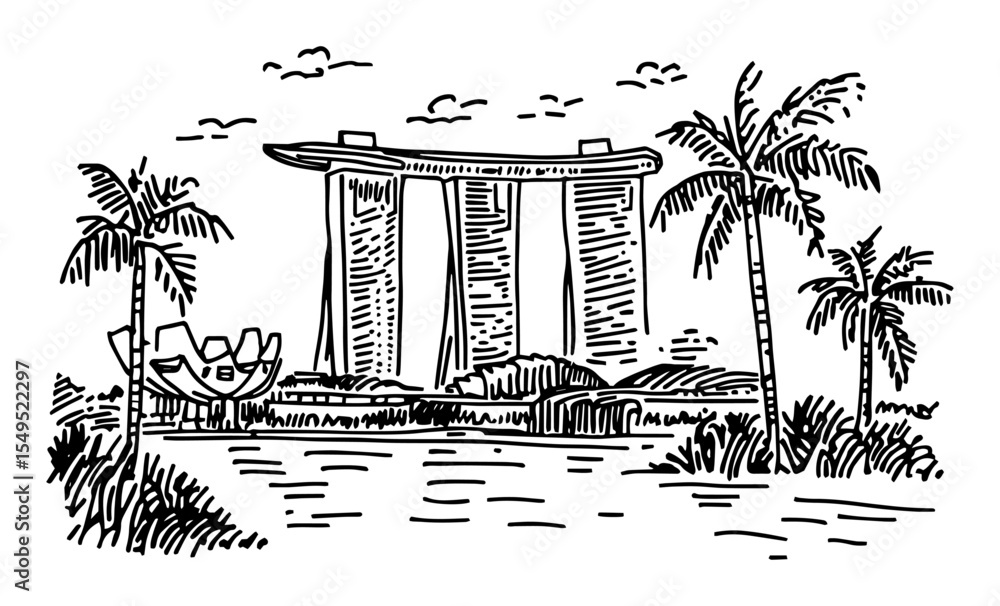 marina bay sands singapore – black and white outline vector of modern ...
