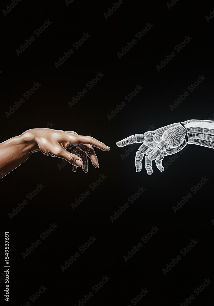 Fotografie Human and robot hands recreating The Creation of Adam. A ...
