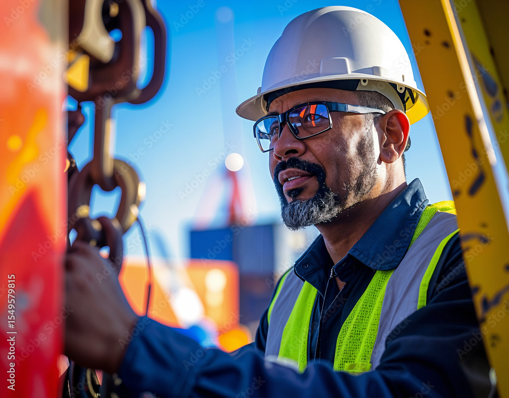 Port supervisor with glasses and safety helmet examining operations at ...