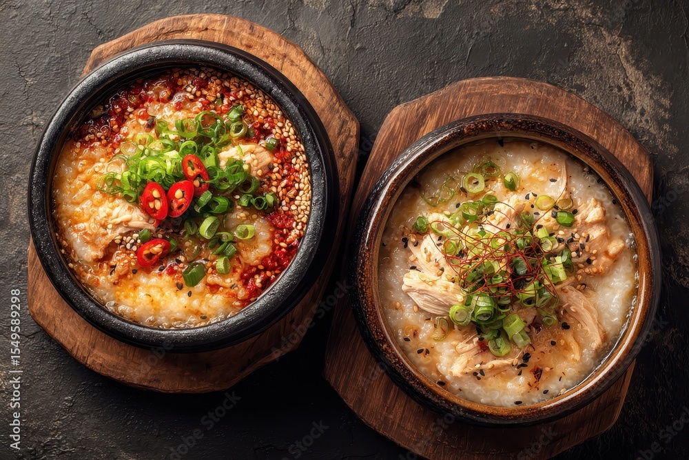 Bird s eye perspective of spicy chicken congee in a clay pot featuring ...