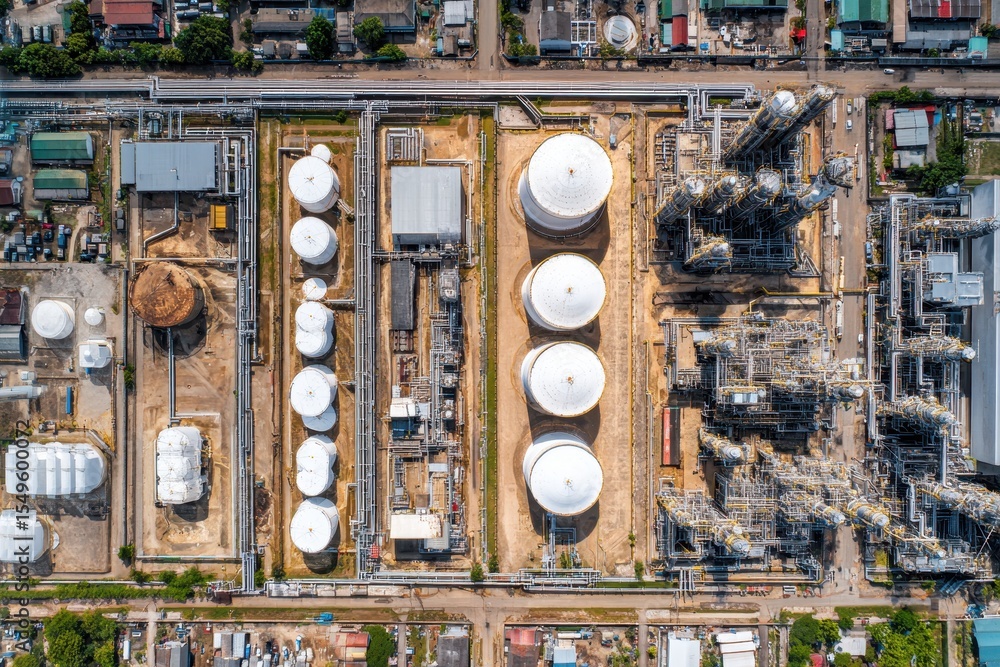 Bird s eye view of oil facility and white storage tanks Stock Photo ...