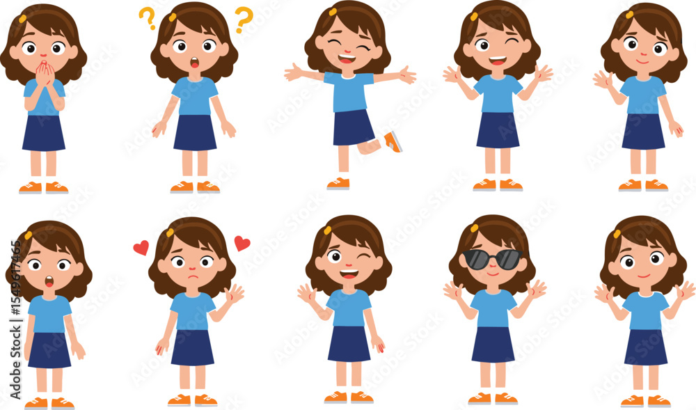 Cartoon girl showing different emotions, expressive character ...