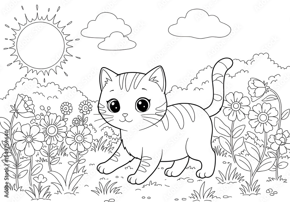 Ilustración de Stock Coloring pages. cartoon cute kitten with garden ...