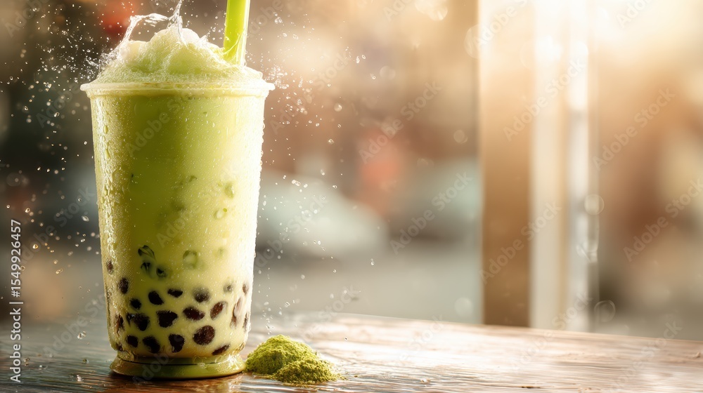 Frothy matcha bubble tea with tapioca pearls splashes in a tall cup on ...