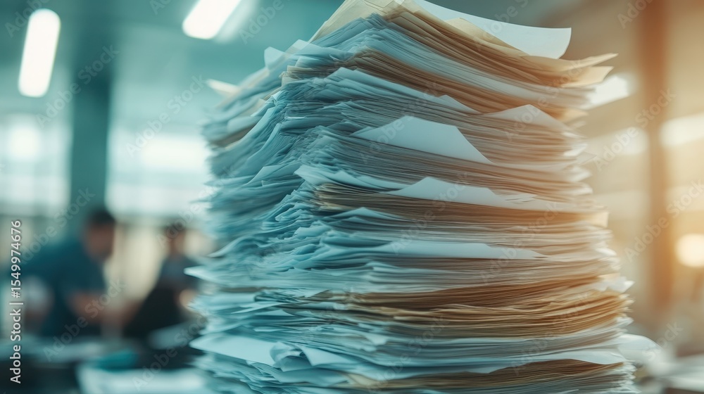 An image showcasing a tall stack of disorganized papers in a vibrant ...