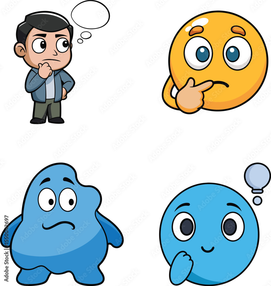 Cute Thinking Emotion Characters – Flat Cartoon Vector Set Stock Vector ...