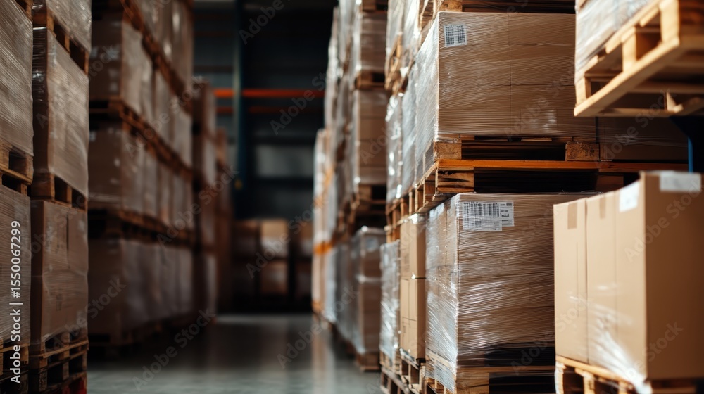 An organized warehouse with neatly stacked cardboard boxes ready for ...