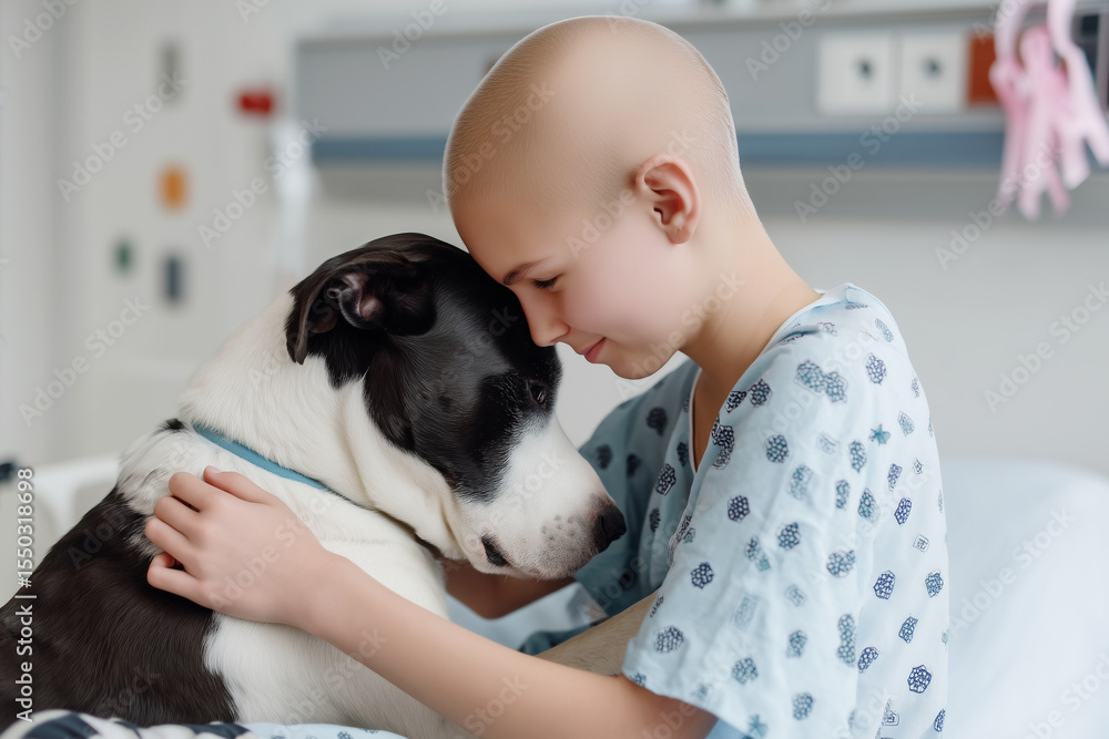 A bald teenage girl hugs a cute big dog in a hospital room. The concept ...