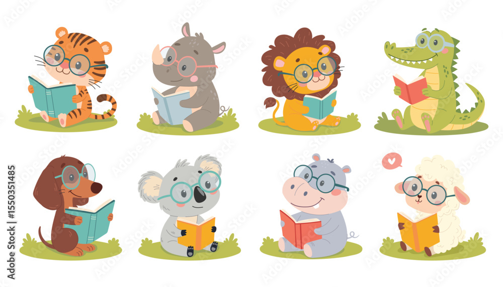 Vector illustration of a set of cute cartoon animals reading books on ...