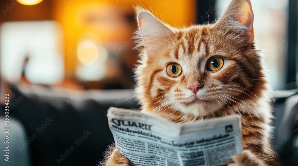 This delightful image shows a ginger cat sitting and curiously reading ...