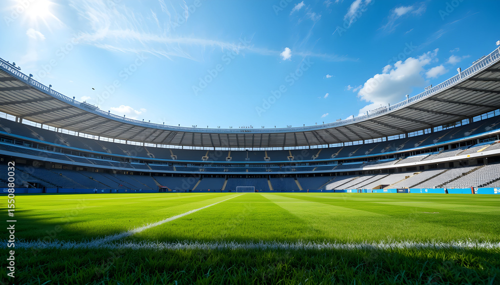 Foto grassy football pitch at stadium at sunny day with blue sky do ...