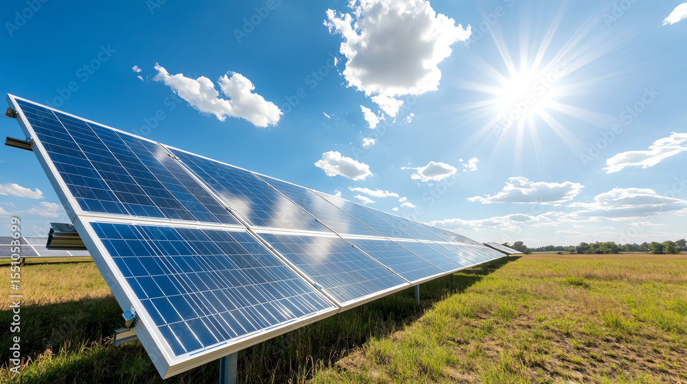 Bright solar panels capture sunlight in an open field, showcasing ...