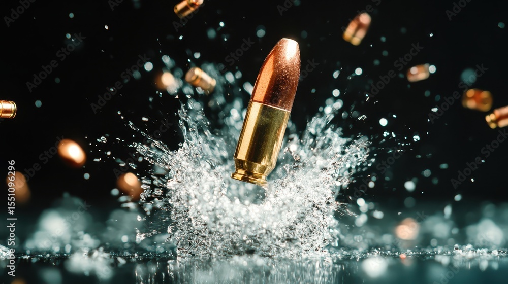 A bullet dramatically splashes into water, its fast motion captured in ...