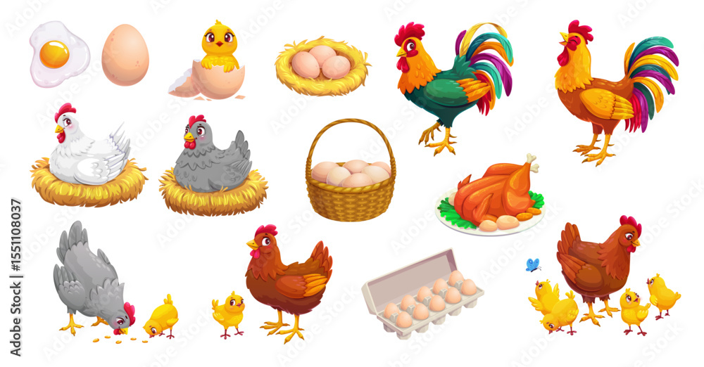 Vektor Cartoon hen and rooster characters with chicks and eggs, vector ...