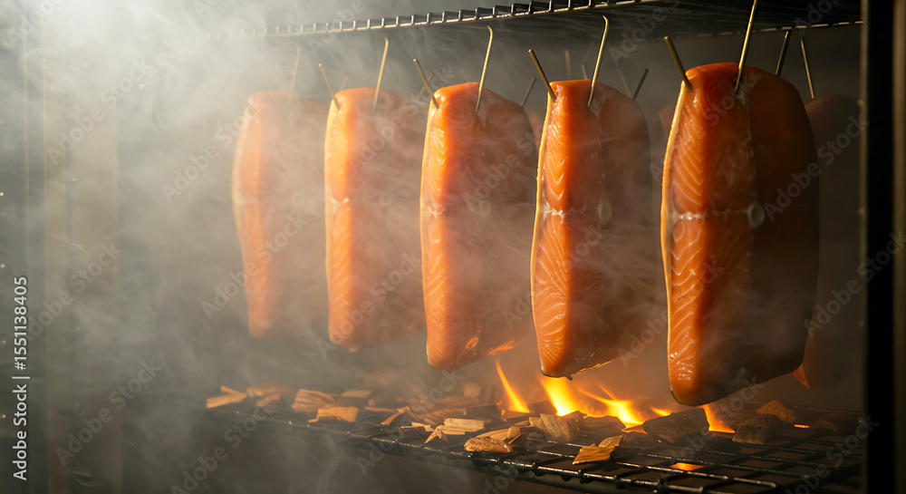 Scottish Cold Smoked Salmon. industrial smoke chamber with hanging ...