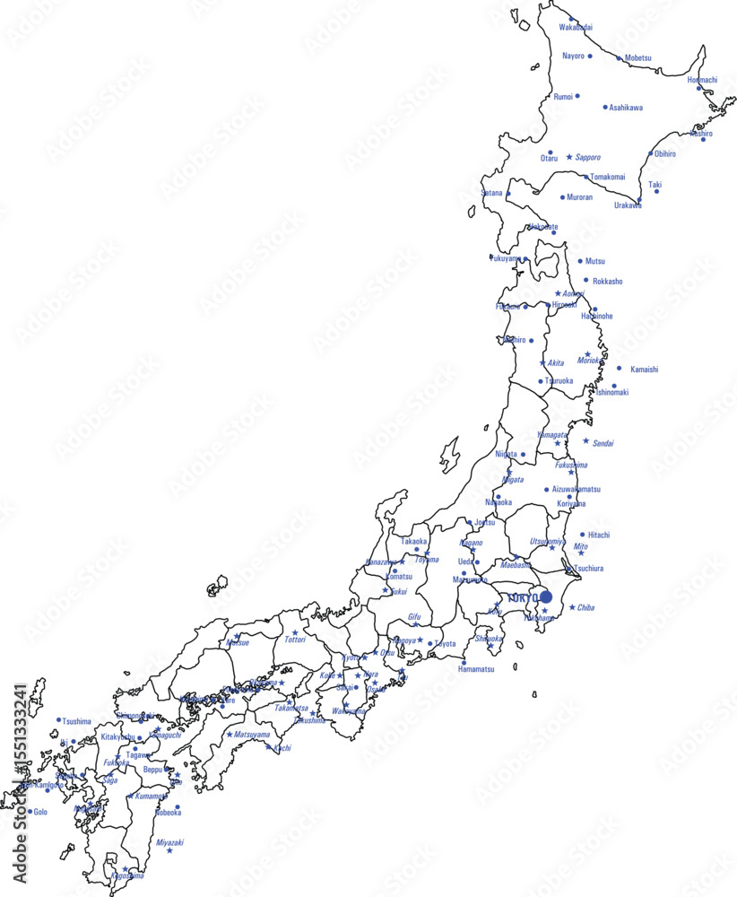 Vetor Detailed Outline Map of Japan with Prefectural Boundaries Vector ...