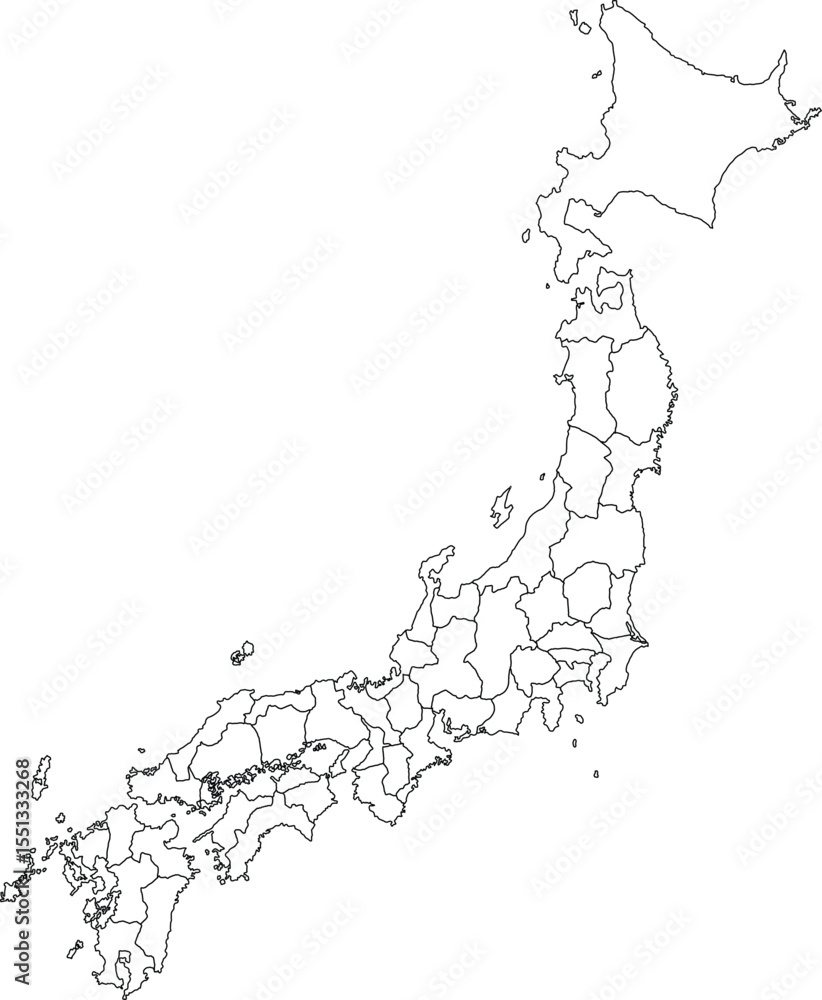 Outline Map of Japan with Prefectural Boundaries Vector Illustration ...
