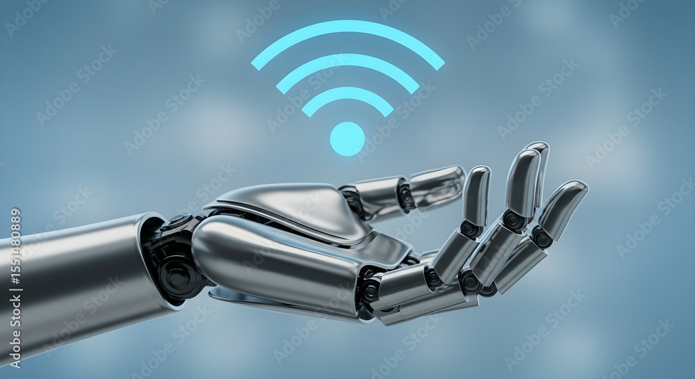 Stock-Foto „Robotic hand showing a radiating Wi-Fi symbol. Artificial ...