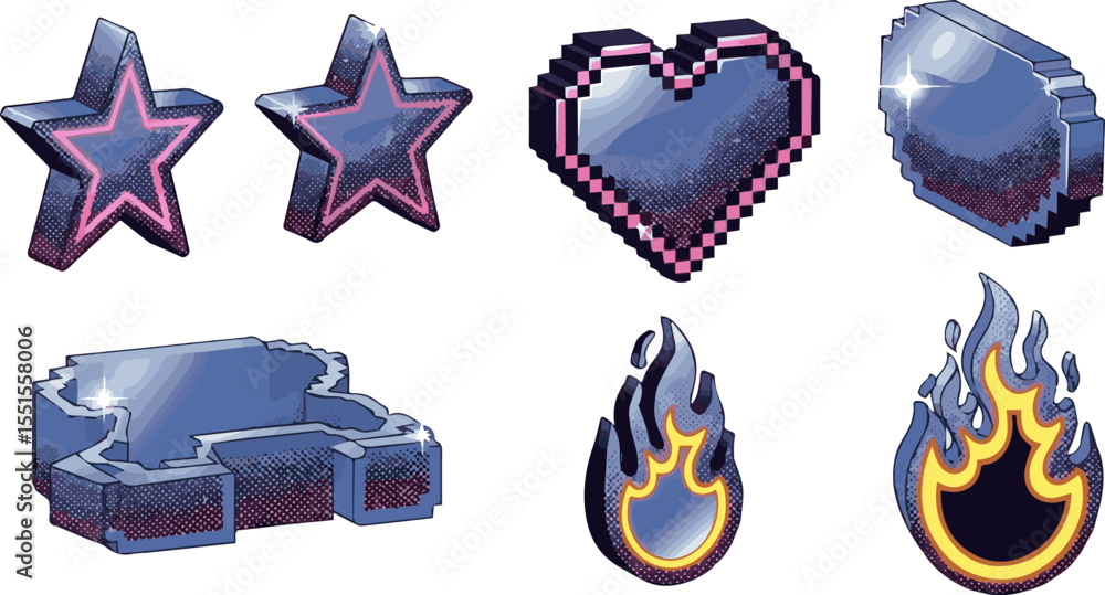 Create a Retro futuristic 3D shapes in pixel bitmap style. Chrome ...