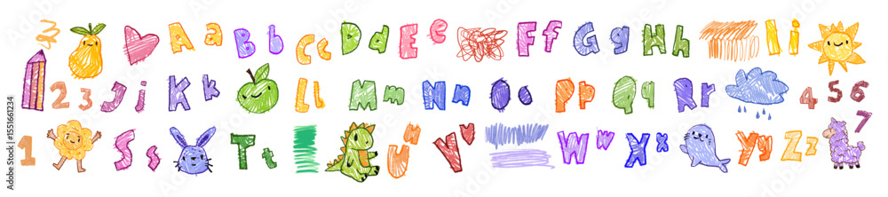 Kids chalk alphabet, kindergarten doodle font, hand drawn pencil ...