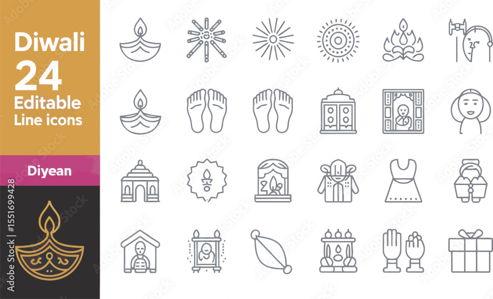 Diwali Festival Line Icons Pack Twenty-four Editable Linear Graphics ...