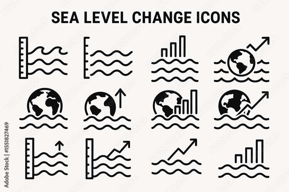 Sea level change icons: waves, earth, arrows, graphs, measurement ...