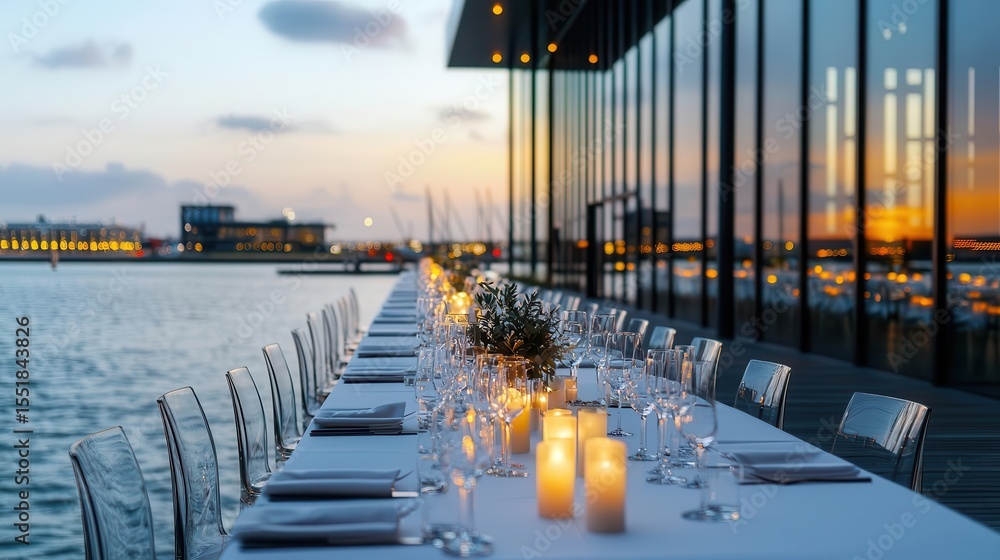 Waterfront wedding reception in a sleek, modern venue with openair ...