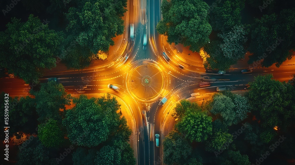 Aerial view of a roundabout at twilight, encircled by trees Stock Photo ...