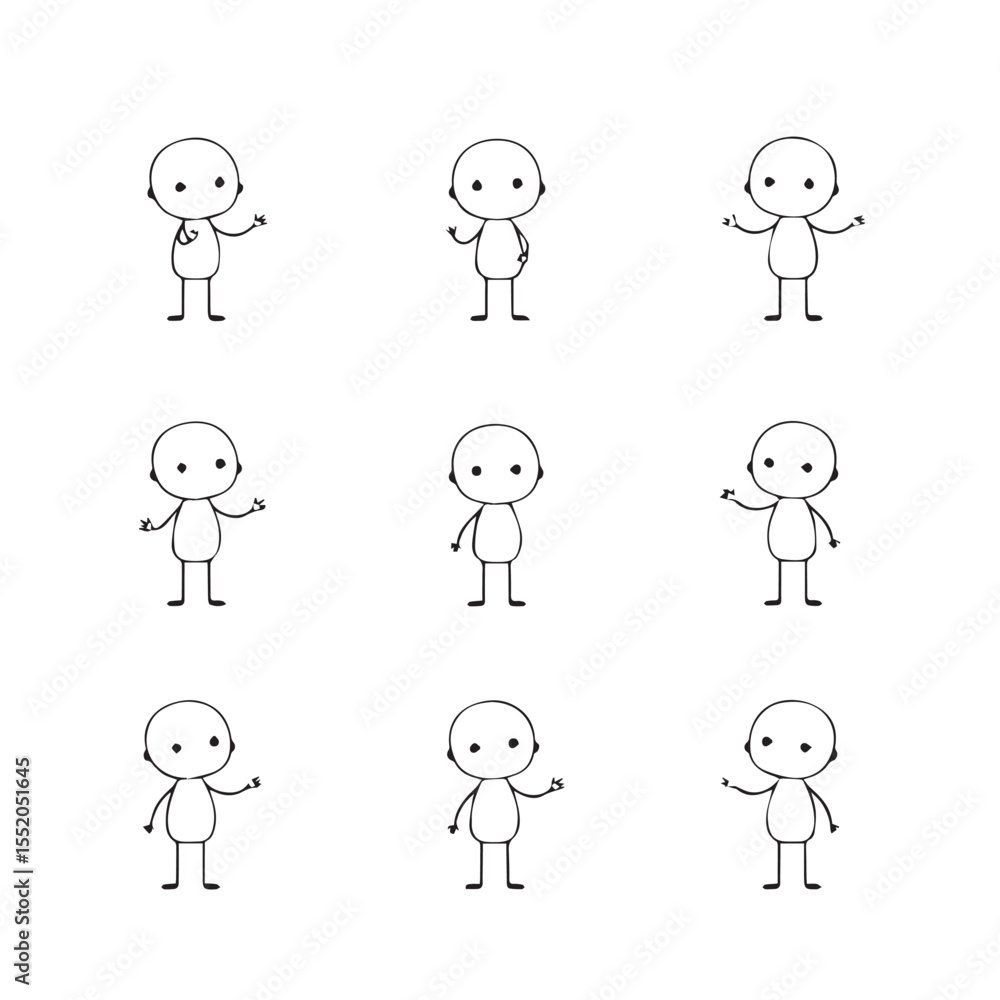 Nine Simple Stick Figure Characters with Round Heads and Different Arm ...