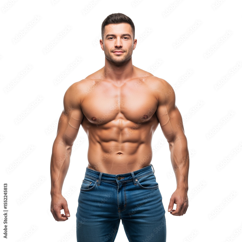 shirtless and strong bodybuilder model training in jeans for wellness ...