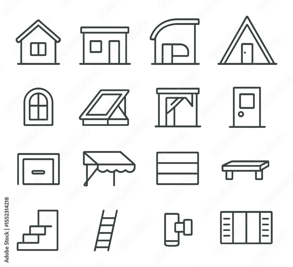 Compact architectural features icons in minimalistic line art : tiny ...