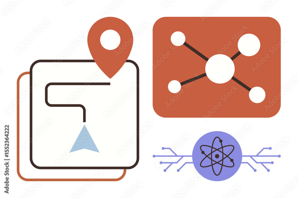 Map route with location pin, network diagram, and atomic model with circuit lines. Ideal for ...