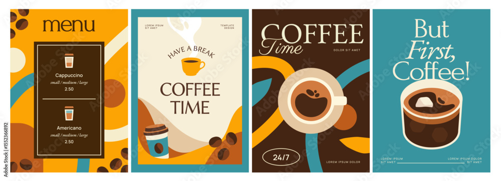 Coffee Poster Set. Minimal flyers with coffee beans, cups of hot ...