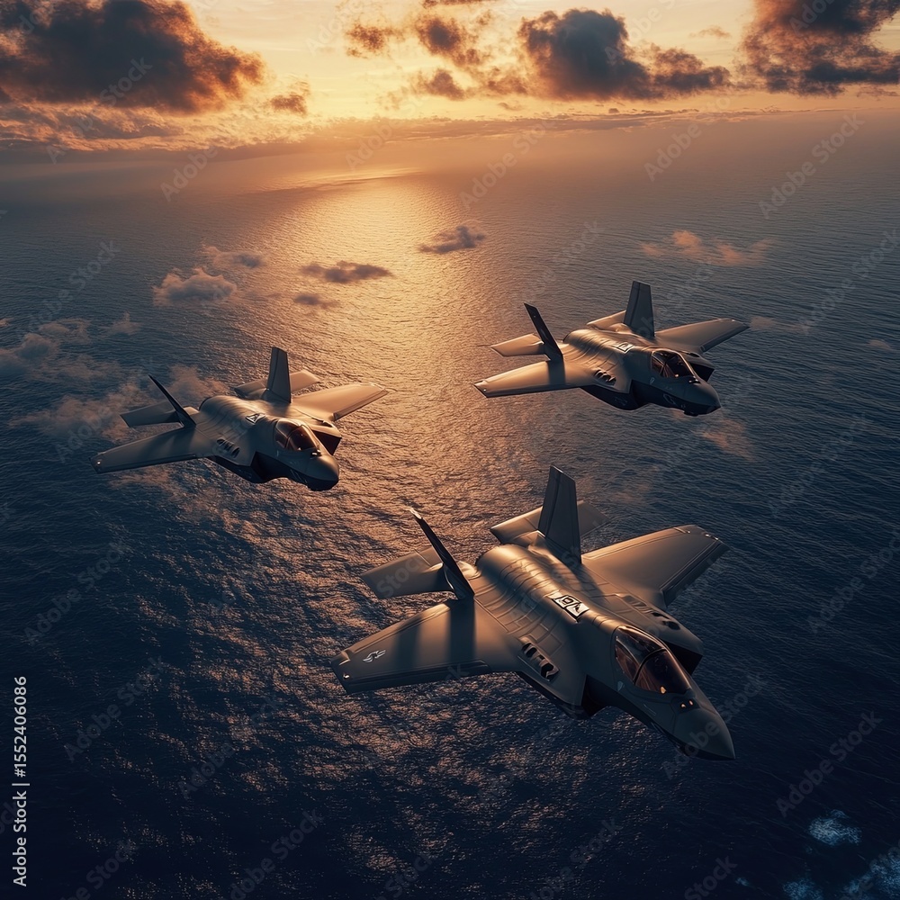 ภาพถ่าย Stock Group of F-35 jet fighters low flying over sea with ...