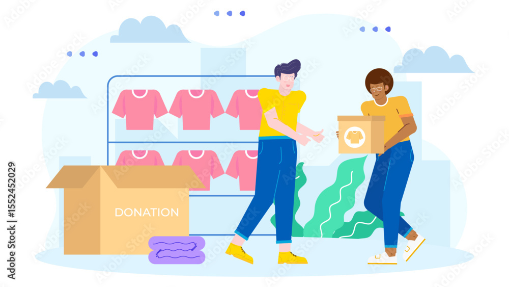 Two people donating clothes to a charity box, sharing kindness and ...