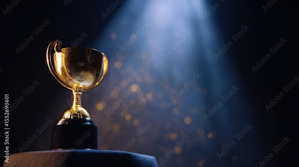 Glowing Gold Trophy on Velvet Podium with Dramatic Spotlight and Subtle ...