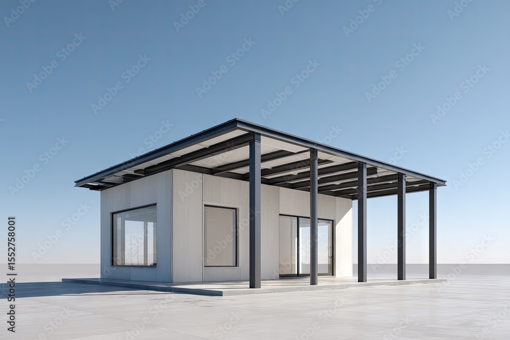 Modern, minimalist single-story structure with a flat roof, supported ...