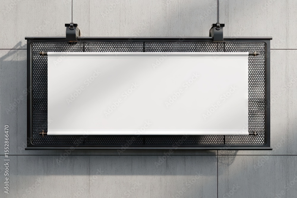 Blank rectangular banner hangs from black metal frame on a textured ...