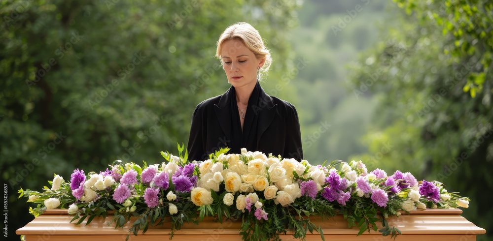 Elegant woman mourning beside wooden coffin with floral arrangement ...