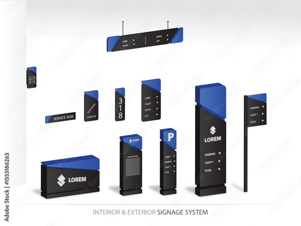 Wayfinding system 3D signage mockup set Direction signs Exterior and interior way finding design ...