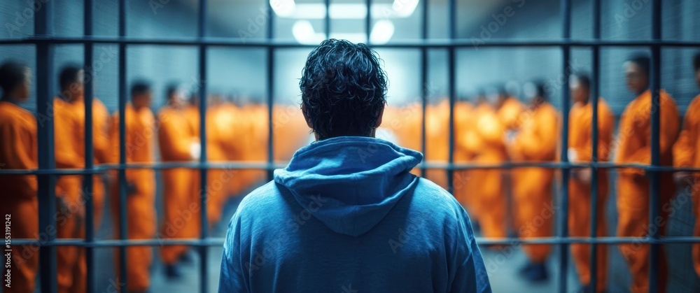 Back view of a man facing a group of prisoners wearing orange uniforms ...