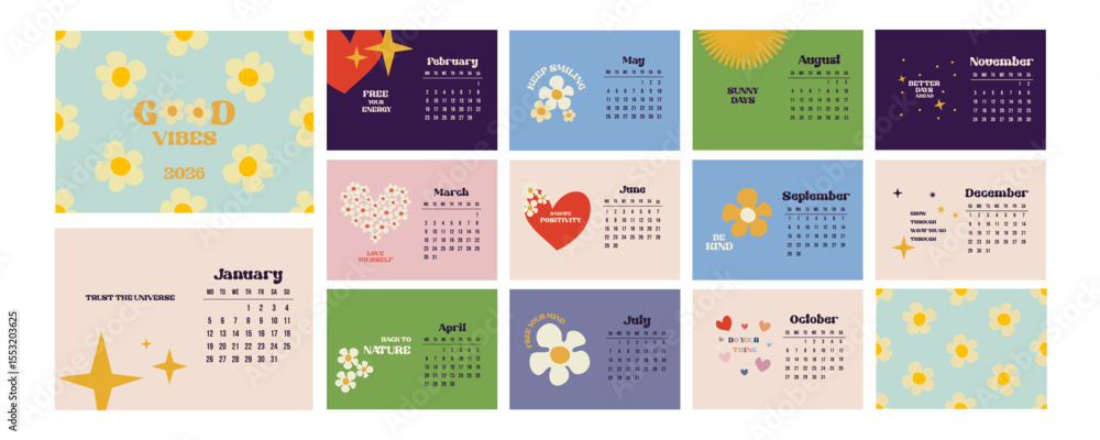 2026 groove good vibes calendar with motivation messages and flowers ...
