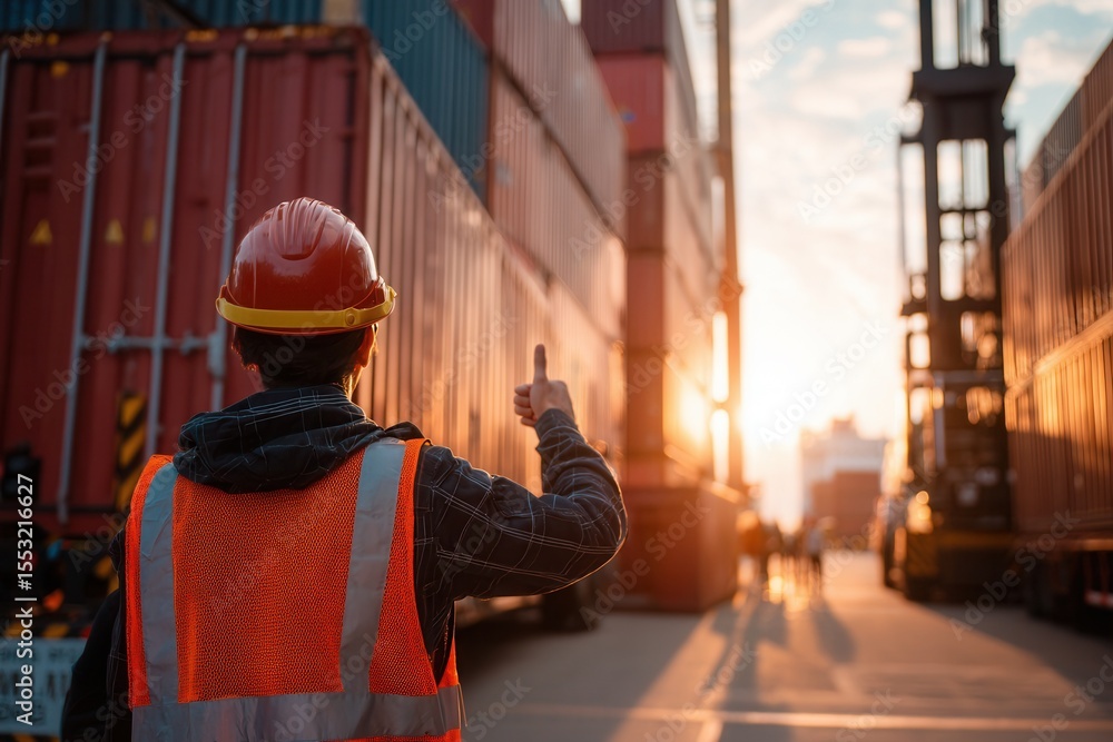 Male worker giving thumbs up at shipping yard with shipping containers ...