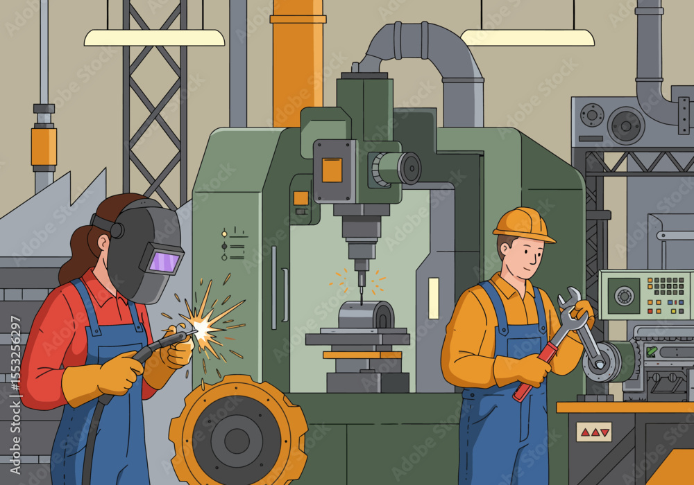 Cartoon of two workers in a factory setting welding and machining Stock ...