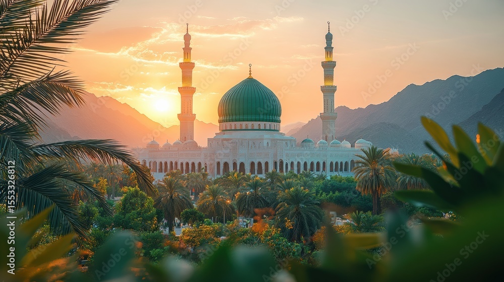 Majestic Masjid Al Rasool Al Azam at Sunset with Golden Sky in Muscat ...