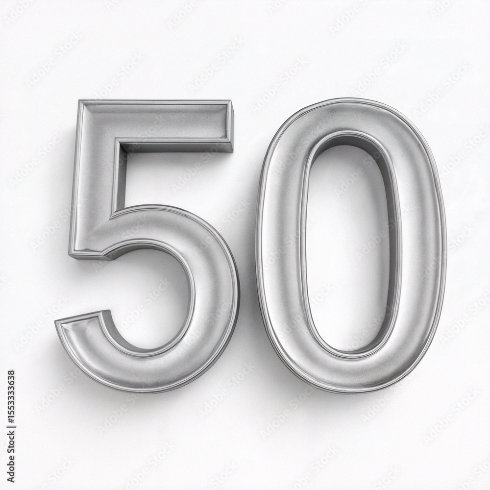 Stock-Foto „A 3D metallic number "50" in shiny silver, isolated on a ...