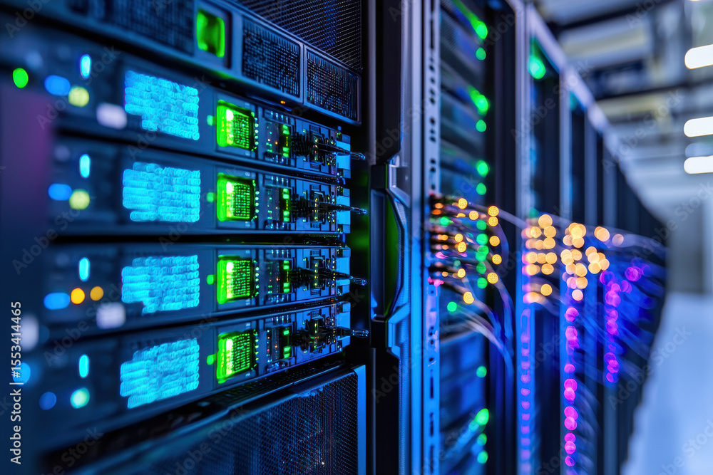 High tech data servers with illuminated lights in modern data center ...