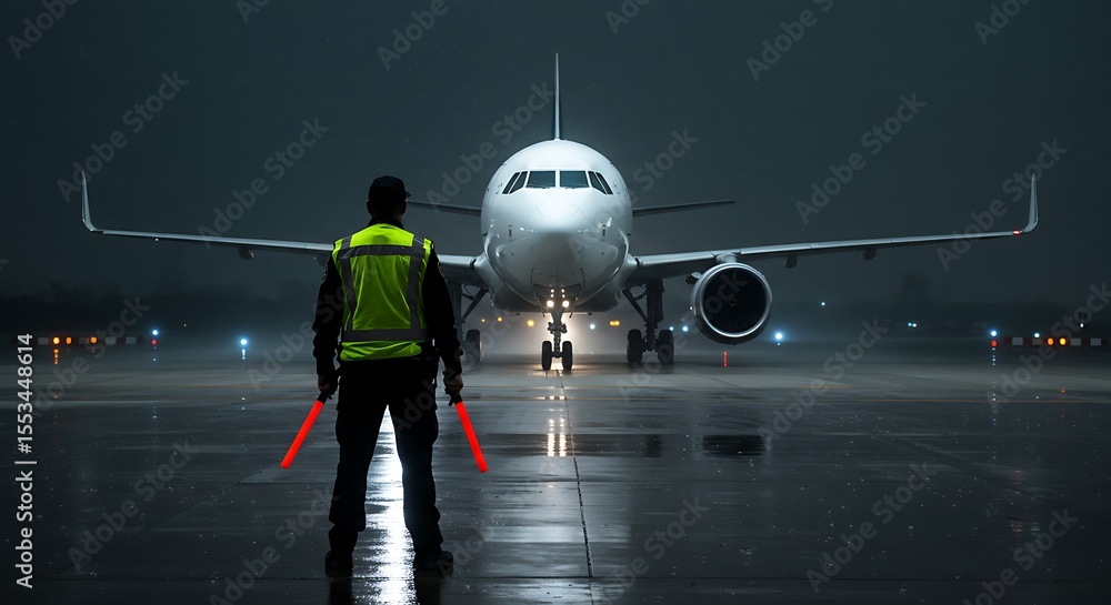 Nighttime Aircraft Guidance Airfield Ground Crew Directing Airplane on ...